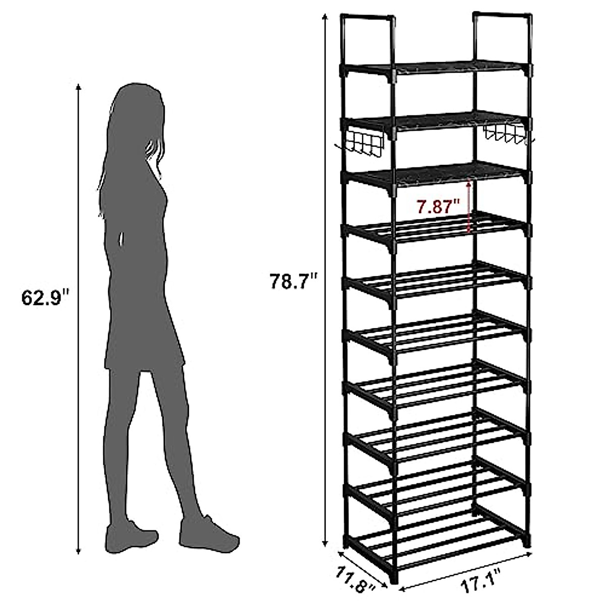 Fixwal 10 Tiers Shoe Rack for Closet, Tall Shoe Organizer Storage Shelf for 20-24 Pairs of Shoes and Boots, Narrow Metal Shoe Shelf with Hooks for Entryway Bedroom Hallway (Black)