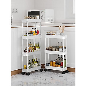 Sooyee 4 Tier Slim Storage Cart Mobile Shelving Unit Organizer Slide Out Storage Rolling Utility Cart Tower Rack for Kitchen Bathroom Laundry Narrow Places, Plastic & Stainless Steel,White
