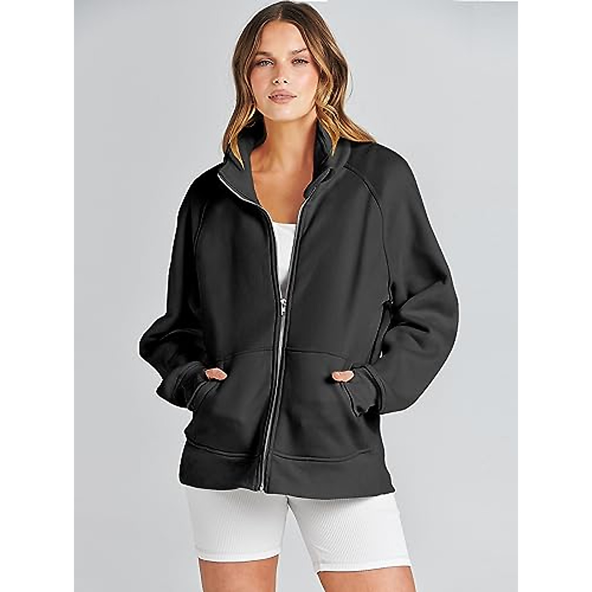 Caracilia Women's Oversized Sweatshirts Long Sleeve Zip Up Y2K Trendy Fashion Sweatshirt Jackets Pullovers Active Comfy Cute Clothes With Thumb Hole C112A0-heise-S Black