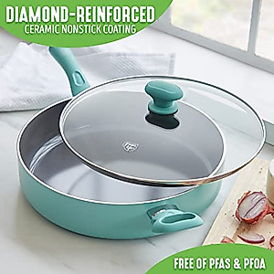 GreenLife Soft Grip Diamond Healthy Ceramic Nonstick, 5QT Saute Pan Jumbo Cooker with Helper Handle and Lid, PFAS-Free, Dishwasher Safe, Turquoise