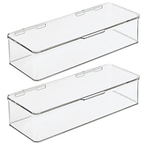 mDesign Long Plastic Kitchen Pantry/Fridge Storage Organizer Box Containers with Hinge Lid for Shelves or Cabinets, Holds Food, Snacks, Seasoning, Condiments, Flatware, Utensils, 2 Pack, Clear