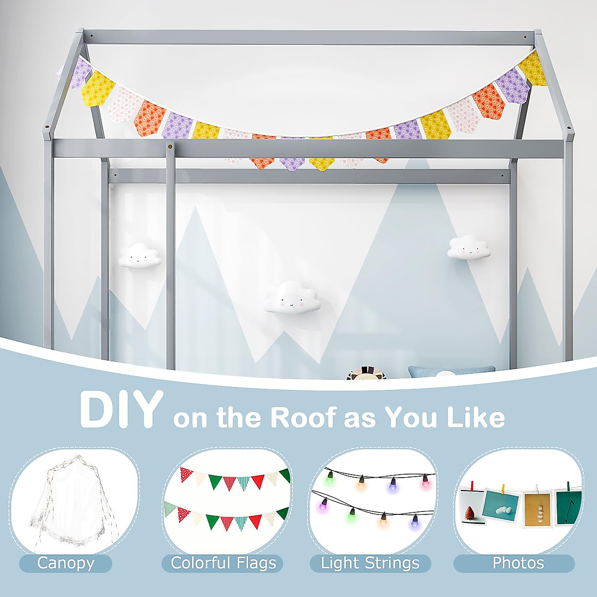 Giantex Twin Floor Bed with Fence, Wood Montessori Bed with Safety Guardrails and 80.5" High Roof Design, Without Slats, House Bed Frame, Low Floor Bed Twin for Kids, Girls, Boys (Grey)