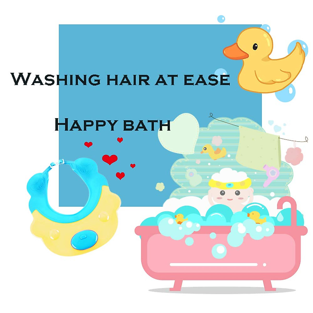 JenniferBaby Baby Toddler Kid Bath Cap,Bath Hat,Shower Cap,Bathing Protection for Showers Bathtub Sun Bathing, Hair Cutting/Trimming with Adjustable Strap (fits 14-23'' Head Circumference)