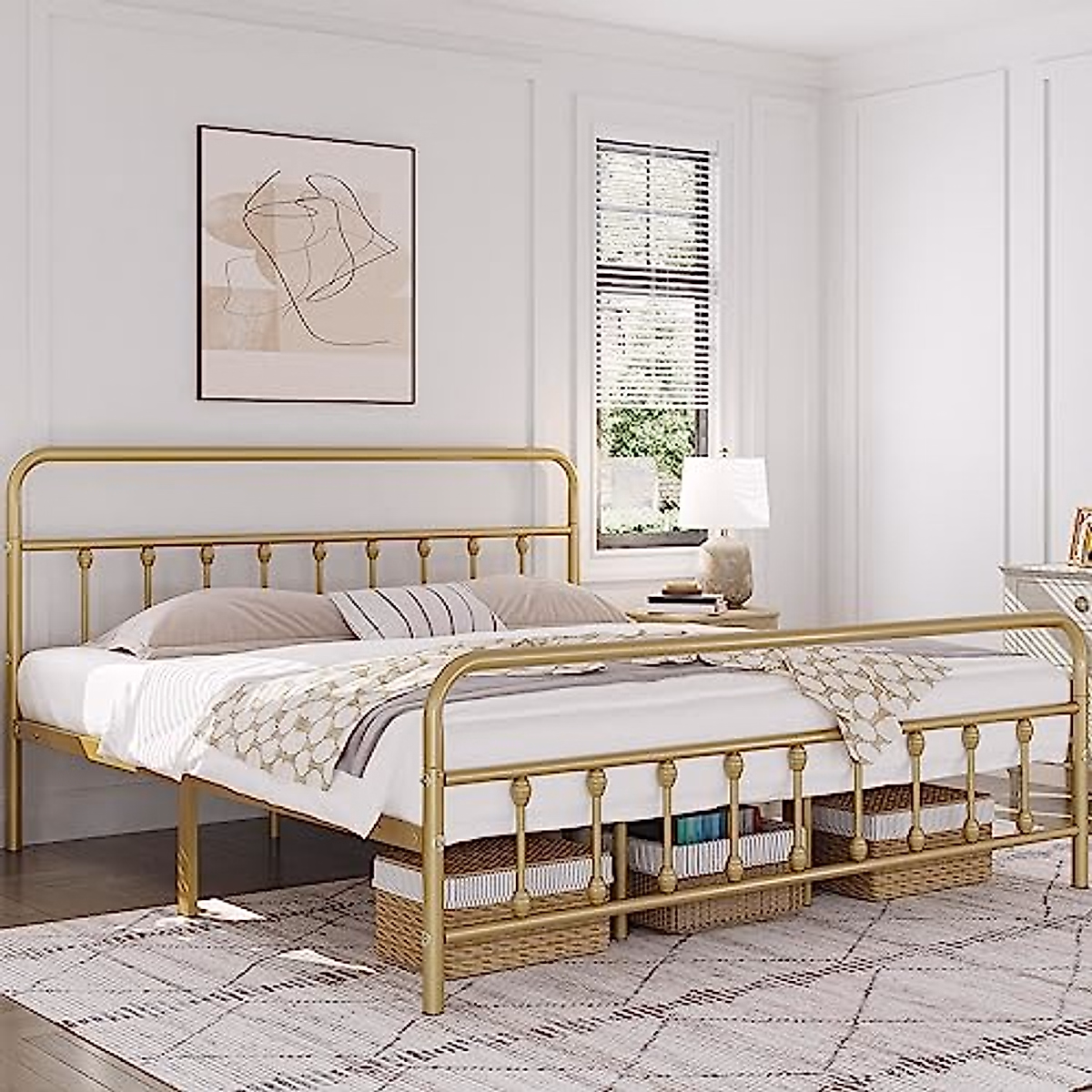 Topeakmart California King Size Victorian Style Metal Bed Frame with Headboard/Mattress Foundation/No Box Spring Needed/Under Bed Storage/Strong Slat Support Antique Gold