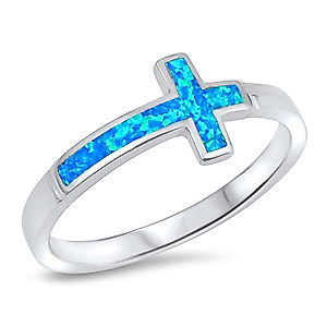 Blue Simulated Opal Sideways Cross Ring New .925 Sterling Silver Love Band Size 8
