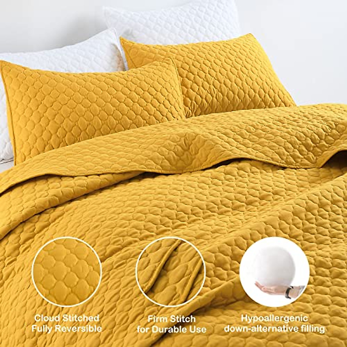 Yellow Quilt Queen Size, Lightweight Quilt for Summer Ultra-Soft Microfiber Modern Style Quilted Clouds Pattern Bedspread Quit Set 3 Pieces（(1 Quilt and 2 Pillow Shams)