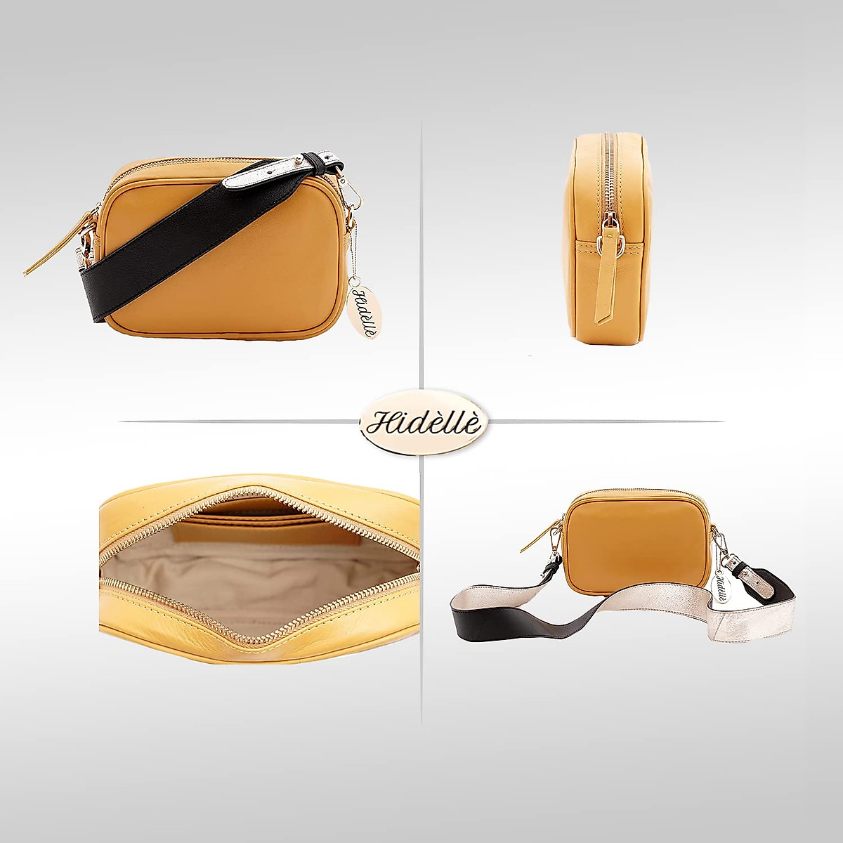 Hidelle Leather Women's Crossbody Bag | Adjustable Straps Zipper Closure Small Pockets Inside- Yellow