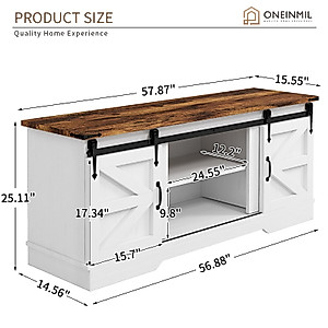 oneinmil 58 Inch Farmhouse TV Stand, Modern Rustic Entertainment Center with Sliding Barn Door and Storage Cabinets, Metal Media TV Console with Shelf for TVs up to 65 Inch in Living Room, White