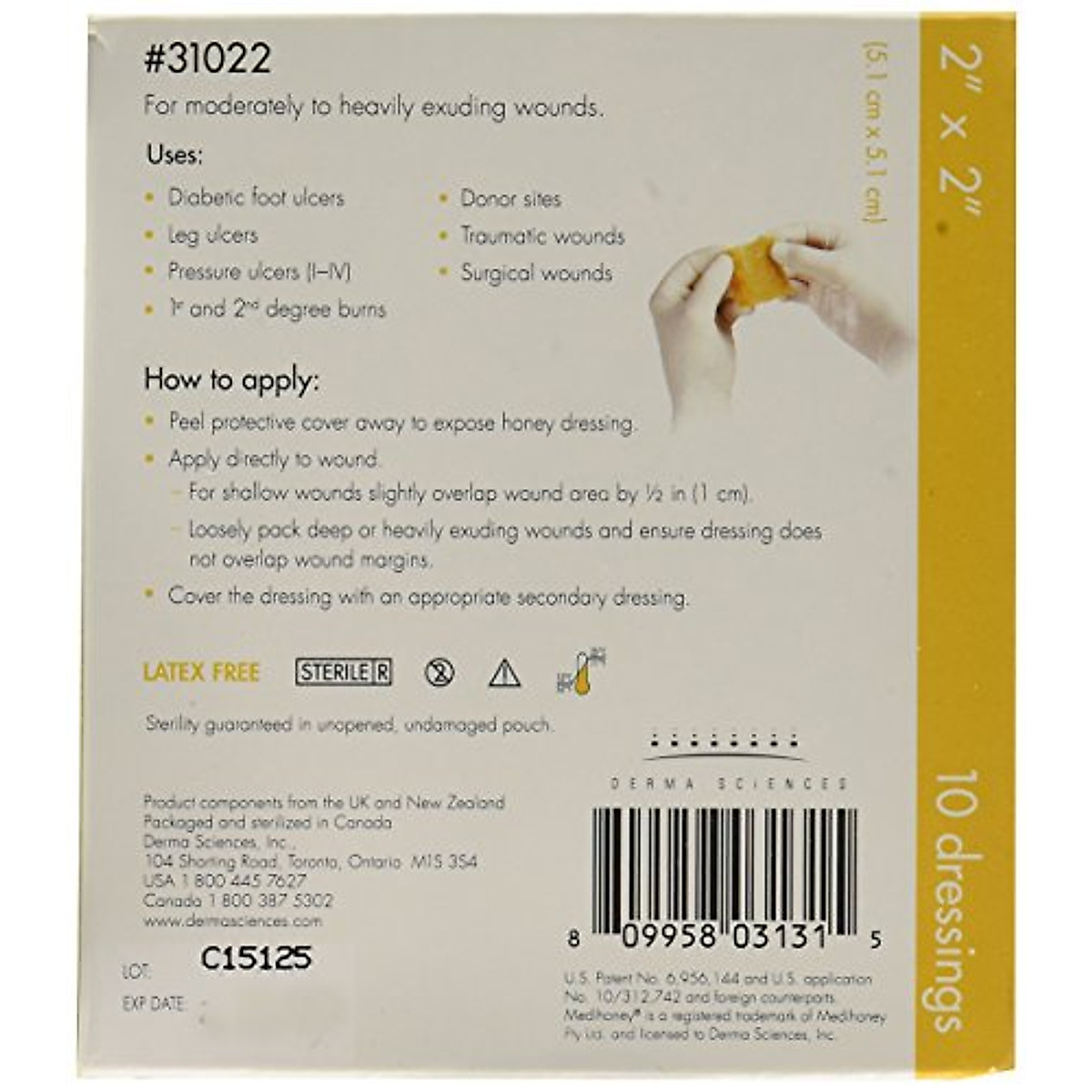 Derma Sciences 31022 Medihoney Calcium Alginate Dressing, 2" Width x 2" Length (Pack of 10)