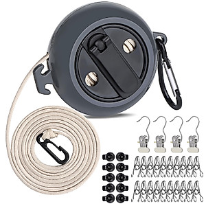 33FT Retractable Clothesline, Portable Travel Clothes Line, Adjustable Camping Drying Line with 20 Clothespins & 10 Stoppers & 4 Hanger Clips, Lightweight Laundry Line for Indooor Outdoor Travel Hotel