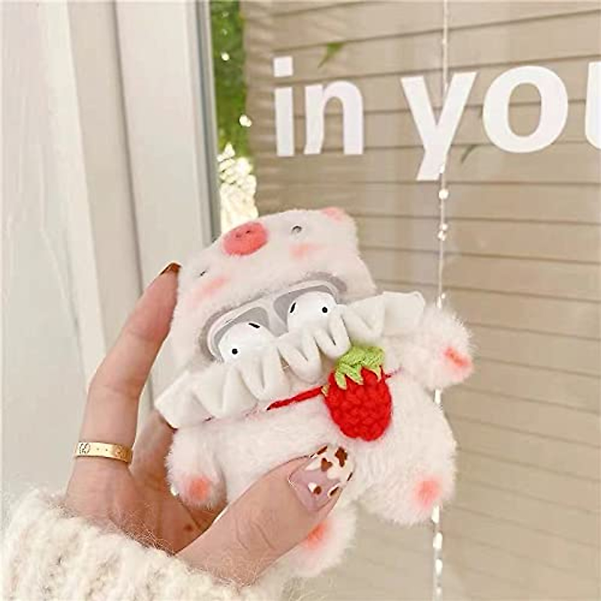 Cute Unique Creative Stylish Furry Cartoon Handmade Fur White Pig Piggy Knit Animal Plush Case Compatible with Airpods2 Aiprods Girlilsh Strawberry Headphone Stuffed Cover for Girls Women Best Gift