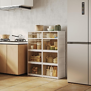 Luoxiao Plastic Storage Cabinet Collapsible Storage Bins with Doors 4 Tier 8 Grids Foldable Storage Boxes with Wheels Stackable Closet Organizer for Kitchen Bathroom Enterway White