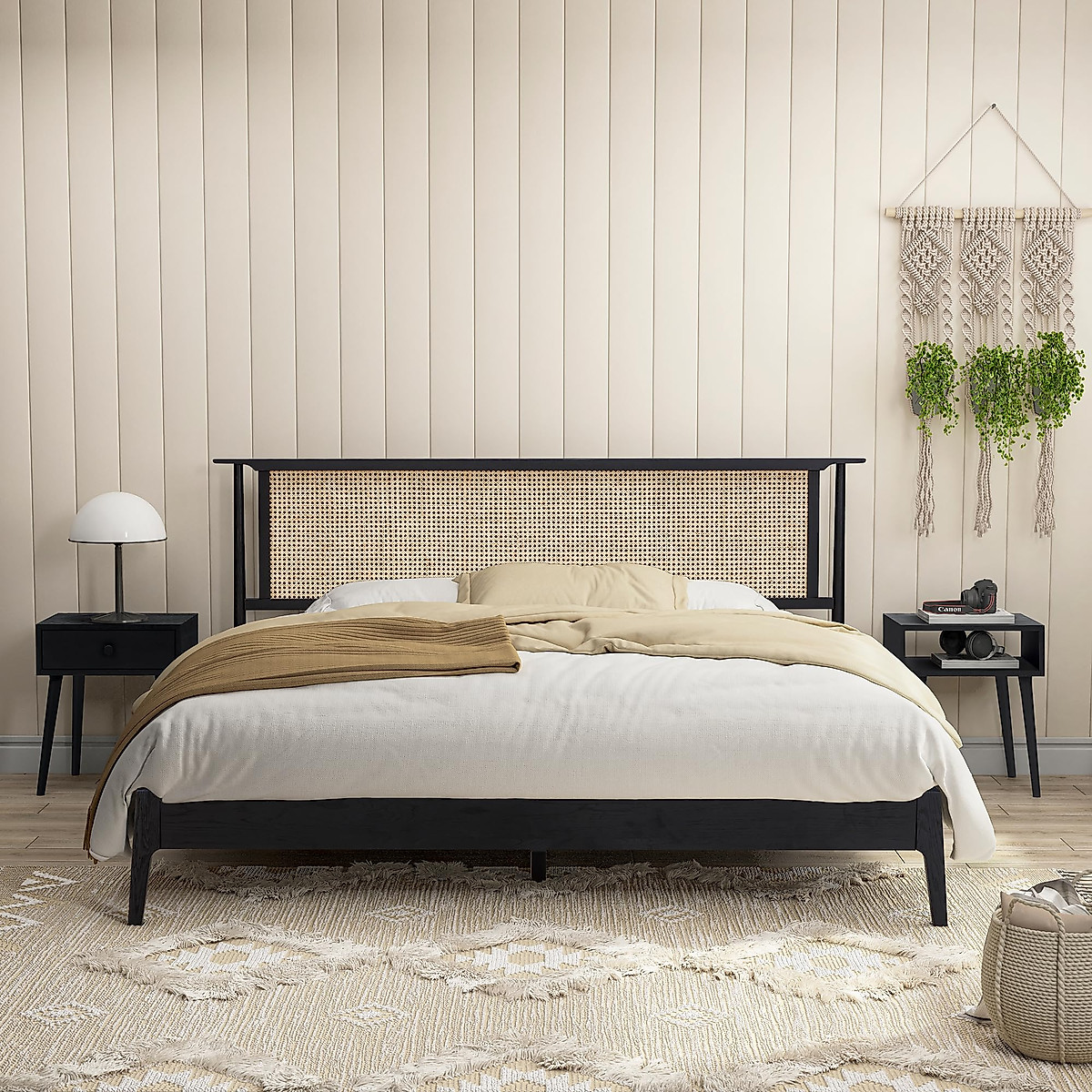 NTC Ruby Wooden Bed Frame with Headboard and Natural Rattan, Solid Oak Foundation with Silent Slats, 1000 Lb Capacity, Effortless Assembly, Queen - Burnt Black