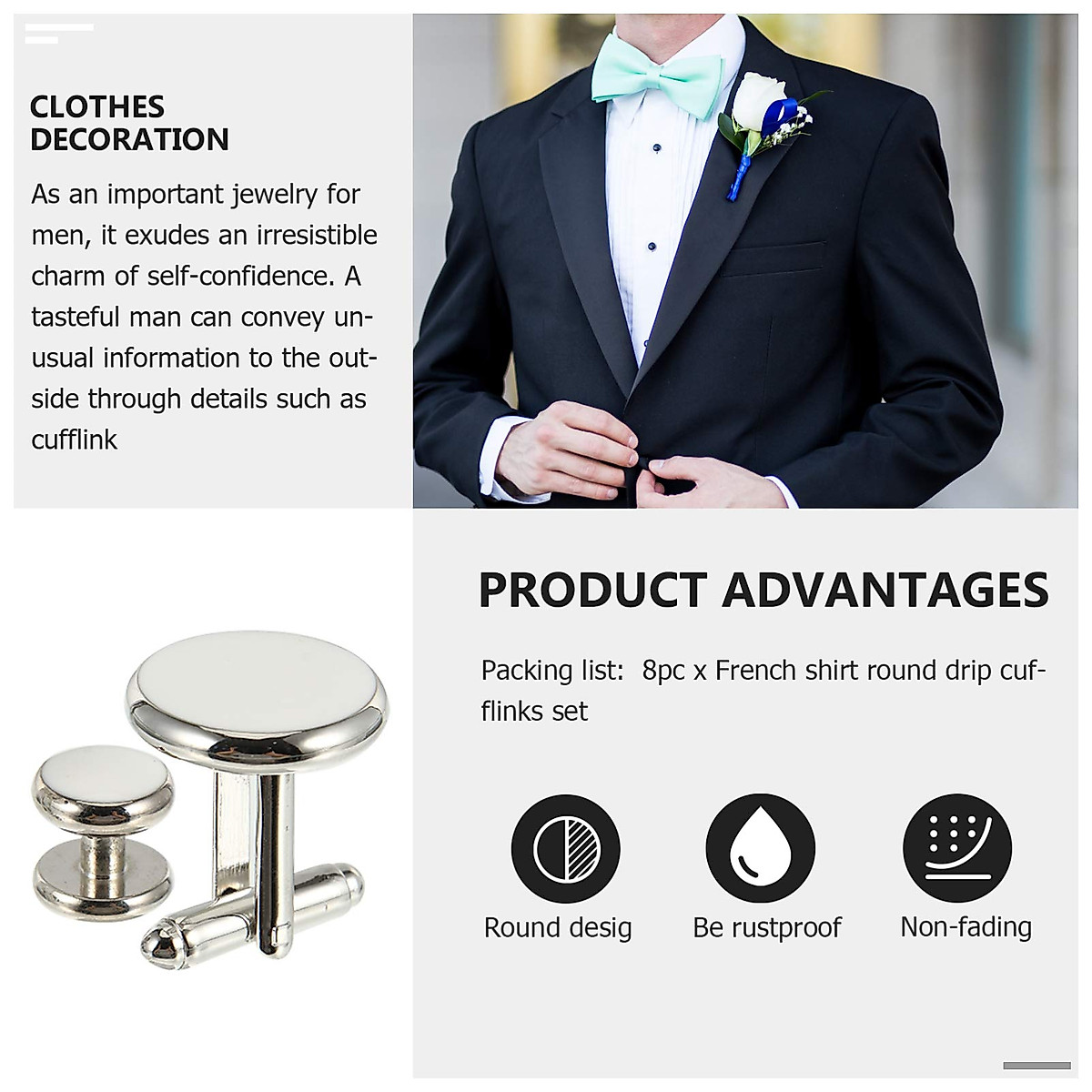KESYOO 8Pcs Cufflinks for Men Classic French Cufflinks and Studs Set White for Men Tuxedo Business Wedding Shirts