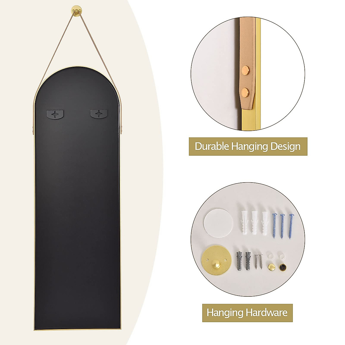 HARRITPURE 16"x48"Arched Mirror with Hanging Leather Strap Full Length Mirror Aluminum Frame Wall-Mounted Arch Mirror Hanging Mirrors for Bathroom Vanity Living Room Bedroom Entryway, Gold