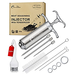 Culinary Hutch Meat Injector Syringe with Meat Tenderizer - 304-Stainless Steel Meat Injector Syringe Kit, 3 Needles, 3 Brushes, O-Rings set - Grilling, BBQ Accessories, 2-oz Large Capacity Barrel