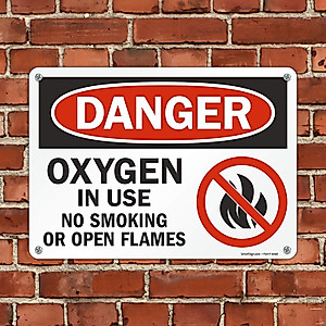 SmartSign - U9-1266-NP "Danger - Oxygen In Use, No Smoking Or Open Flames" Sign | 10" x 14" Plastic , Black/Red on White