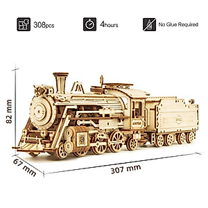 ROKR 3D Wooden Puzzle for Adults Mechanical Car Model-DIY Building Vehicle Kits-Brain Teaser Toys-Gift for Men Women Kids on Birthday/Christmas Day (Steam Train Model with Carriage)