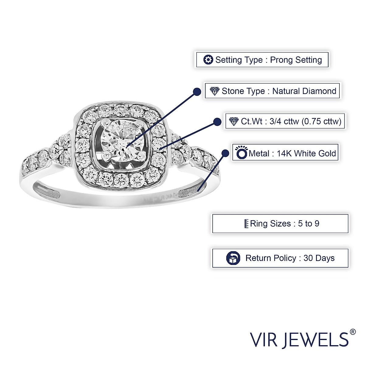 Vir Jewels 3/4 cttw Diamond Halo 4-Prong Wedding Engagement Ring Cushion 14K White Gold Size 6.5