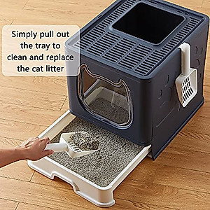 Kitty Litter Box with Lid Foldable Enclosed Kitten Potty with Cover Front Entry and Top Exit Cat Litter Boxes Drawer Type Easy Clean No Odor Control 2 in 1 Cleaning Brush(Black)