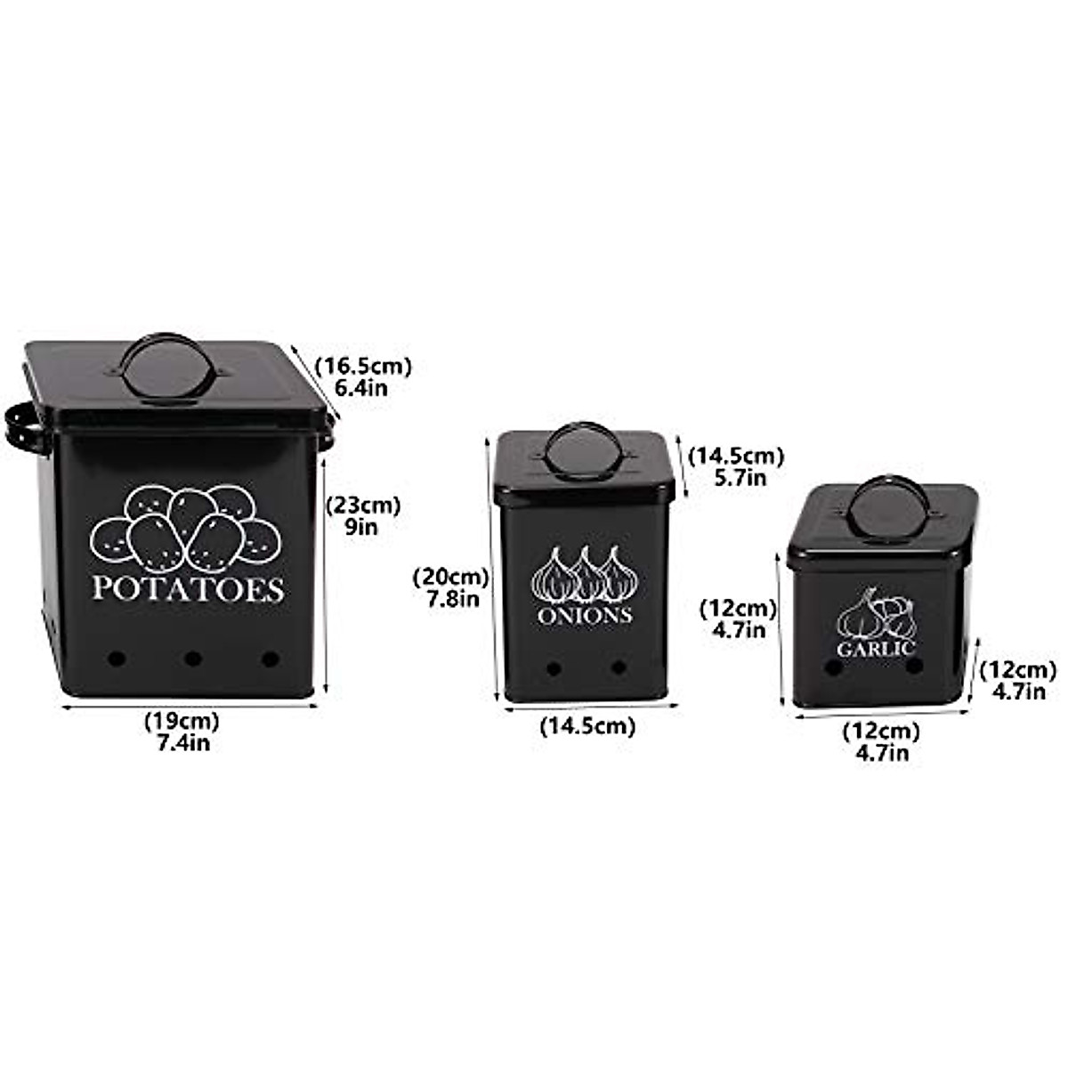 Xbopetda Food Storage Container for Potato, Onion and Garlic, Canister Sets for Kitchen Counter, Square Vegeatable Storage Pots, Kitchen Storage Jars with Aerating Tin Storage Holes & Lid-Black
