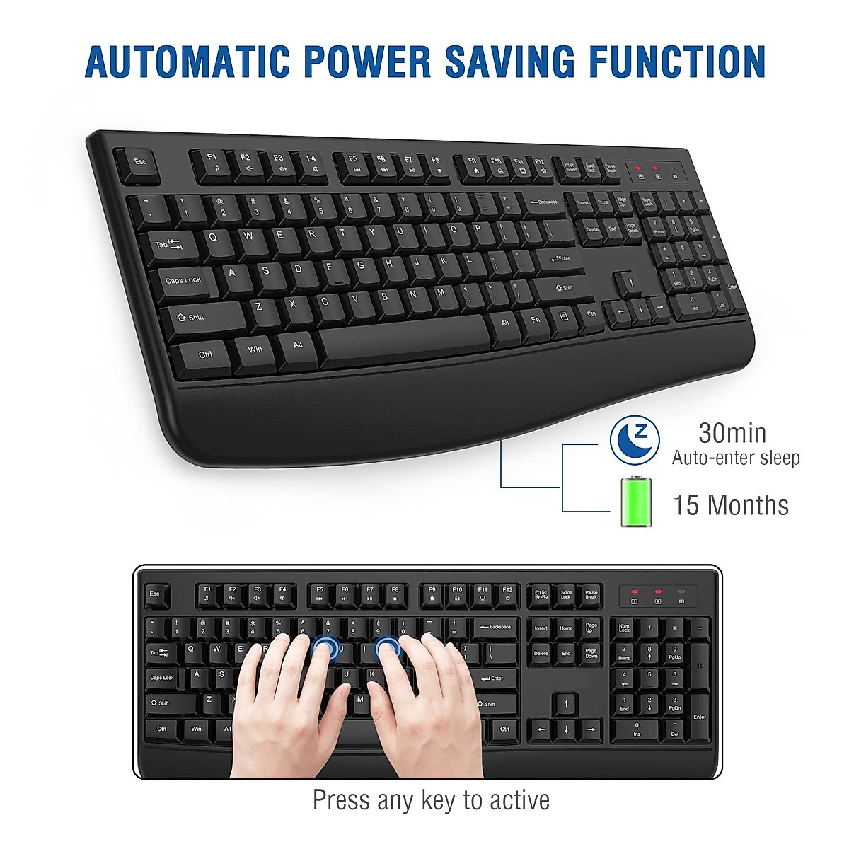 EDJO Wireless Keyboard, 2.4G Ergonomic Full Size Wireless Computer Keyboard with Wrist Rest for Windows, Mac OS Desktop/Laptop/PC（Black）