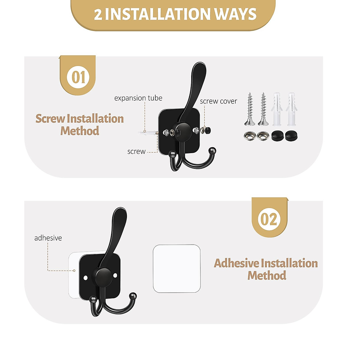 VIS'V Coat Hooks Wall Mount, Black Metal Coat Tri Hooks Heavy Duty Adhesive 3 Prong Coat Hanger Hooks Door Wall Coat Rack Hooks for Livingroom Bathroom Camper 2 Mount Options - 4 Pcs