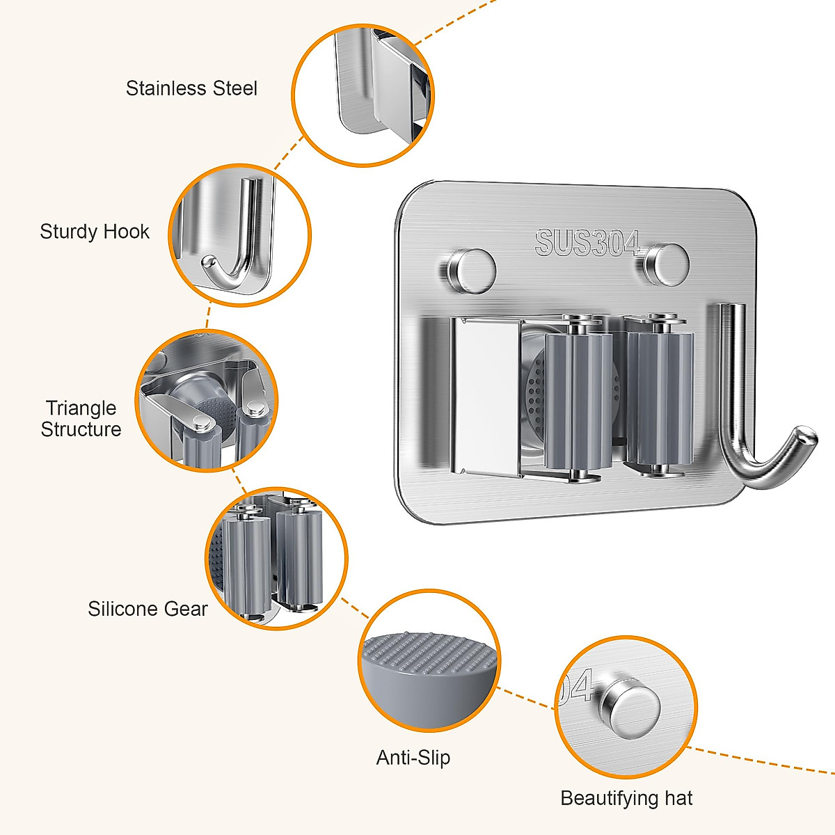 XCIXCI 4 Pack Stainless Steel Mop and Broom Holder Wall Mount with Hook, Screw Drilling Mop and Broom Hanger, Single Heavy Duty Storage Rack for Laundry Garage Closet Garden Tool Organizer, Silver