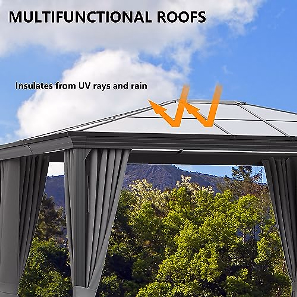 LATTOY 10x12ft Permanent Hardtop Gazebo, Outdoor Galvanized Steel Double Roof Pavilion Pergola Canopy with Aluminum Frame and Privacy Curtains for Garden Patio,Patio Backyard,Deck and Lawns