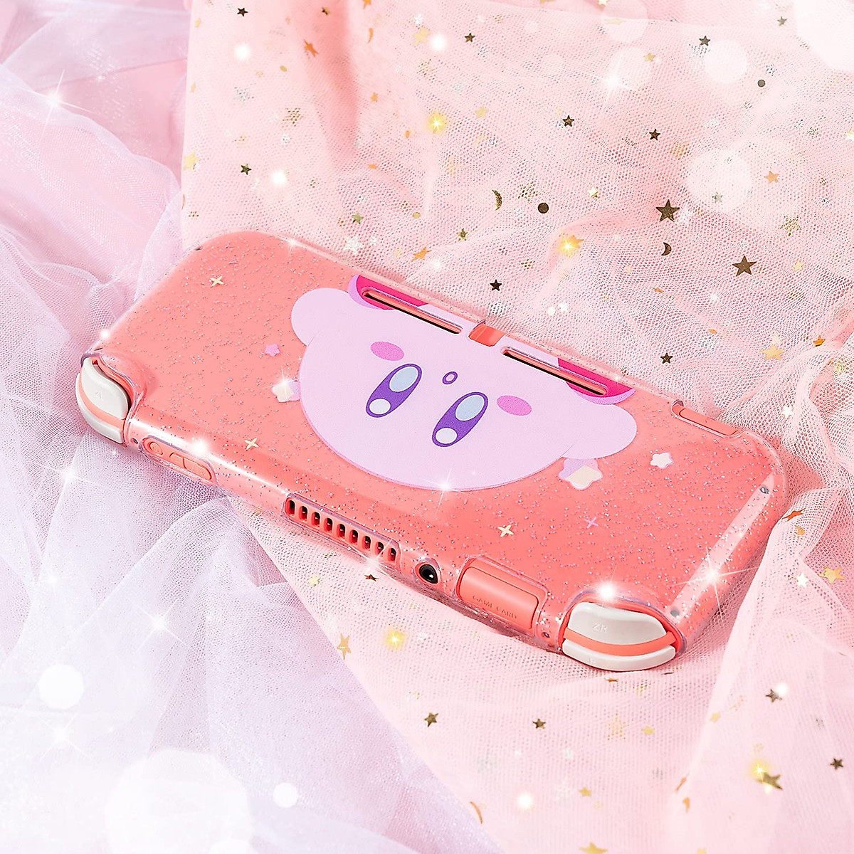 BelugaDesign Pink Puff Ball Switch Case | Glitter Anime Video Game Smash Star Allies Land Japanese Pastel Cover | Soft Snap-On Shell Compatible with Nintendo Switch Lite (Switch Lite, Clear Pink)