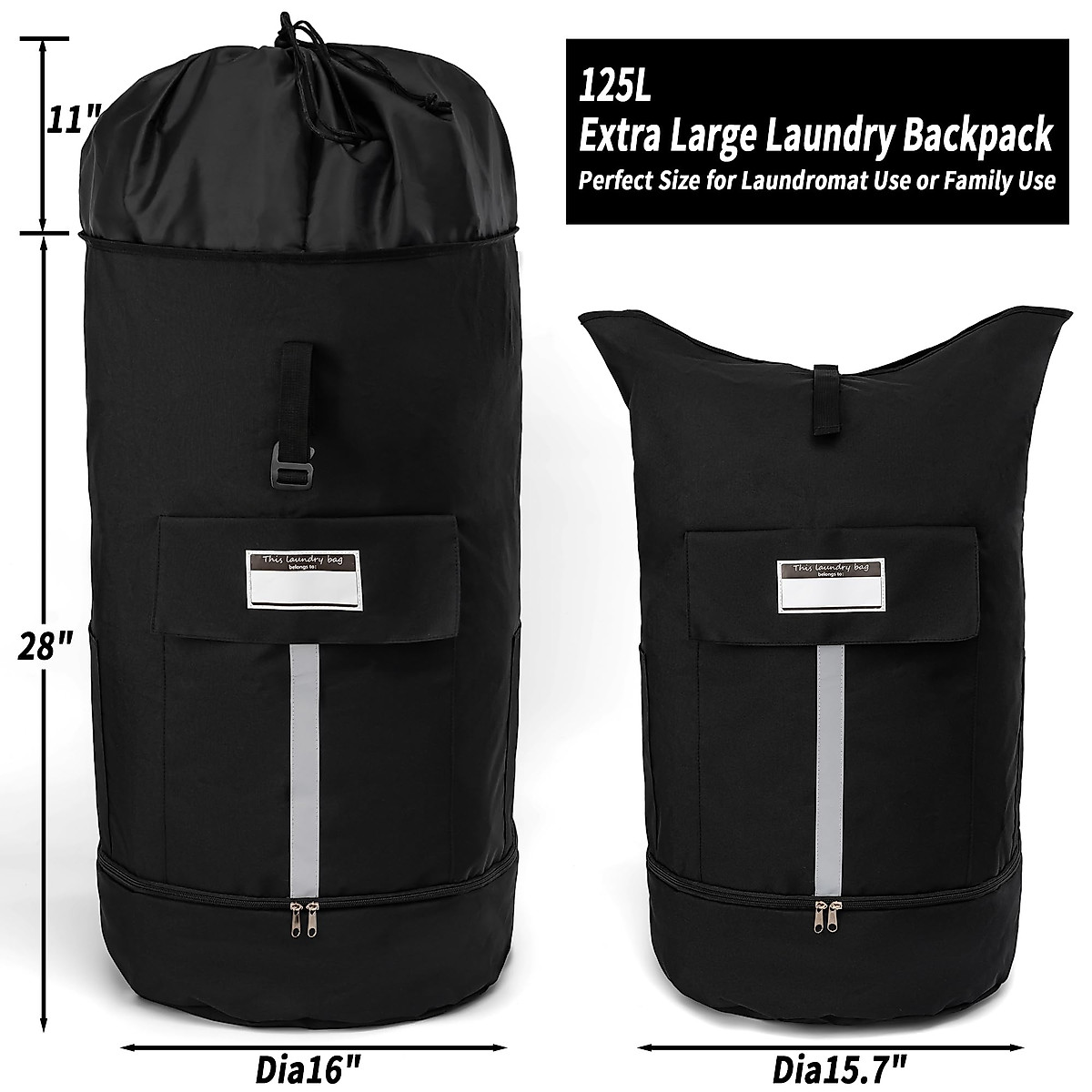 LUCKIPLUS Backpack Laundry Bag, Extra Large Laundry Hamper Bag with Shoe Compartment & 3 Pockets Black Sturdy Hanging Laundry Travel Bag with Straps College Dorm Room Essentials for Camp Apartment