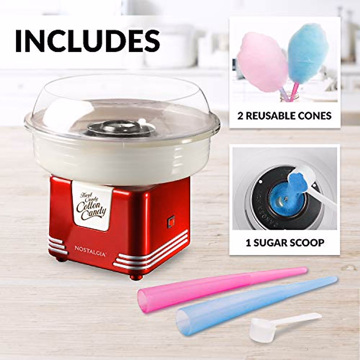 Nostalgia PCM405RETRORED Hard and Sugar Free Countertop Cotton Candy Maker, Includes 2 Reusable Cones and Scoop, Retro Red