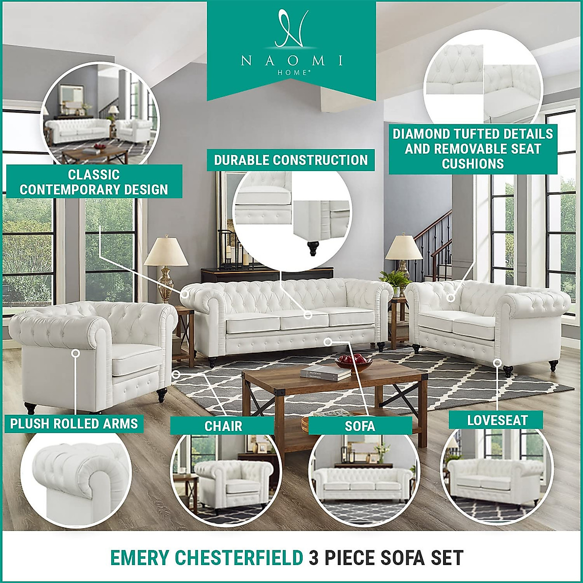 Emery Chesterfield 3 Piece Living Room Sectional Sofa Set with Rolled Arms, Tufted Cushion Sofas for Living Room Set Includes Sofa, Loveseat Couch, Accent Arm Chair / Easy Tool-Free Assembly – Caramel