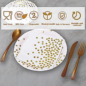 Guang Mao White and Gold Party Supplies-180 PCS Serves 30 Dinnerware Gold Dot Paper Plate, Napkins, Gold Plastic Forks Knives Spoons for Graduation, Birthday, Cocktail Party