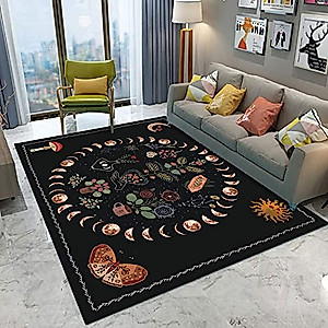 LGGQQW Black Starry Botanical Sun Moonlit Mushroom Area Rug Floral Hippie Moon Phase Carpet for Aesthetic Color 24inch x 36inch