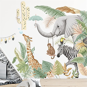 Rainforest Wall Decals Giraffe Elephant Monkey Zebra Wall Stickers for Bedroom Living Room Kid's Room Kindergarten, Art Window Door Cabinet Corridor Wall Decor Murals (Rainforest)