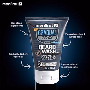 MENFIRST Gradual Gray Darkening Beard Wash - Gray Reducing Beard Wash, Beard Color Shampoo for Men - Hypoallergenic & Harsh Chemical-Free Beard Dye for Men - For Dark Shades, 4.6 Fl Oz (Pack of 1)