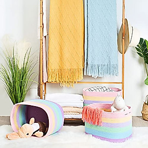 MINTWOOD Design 3-Pack Storage Baskets for Shelves, Playroom and Classroom Storage Basket, Book Basket, Decorative Storage Cube Bins, Woven Closet Organizers, Nursery Baskets, Pastel Rainbow