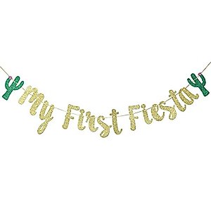 My First Fiesta Banner Sign Garland for Mexican Fiesta Themed Baby Shower First Birthday Party Decorations Photo Props Backdrop (Gold Glitter)