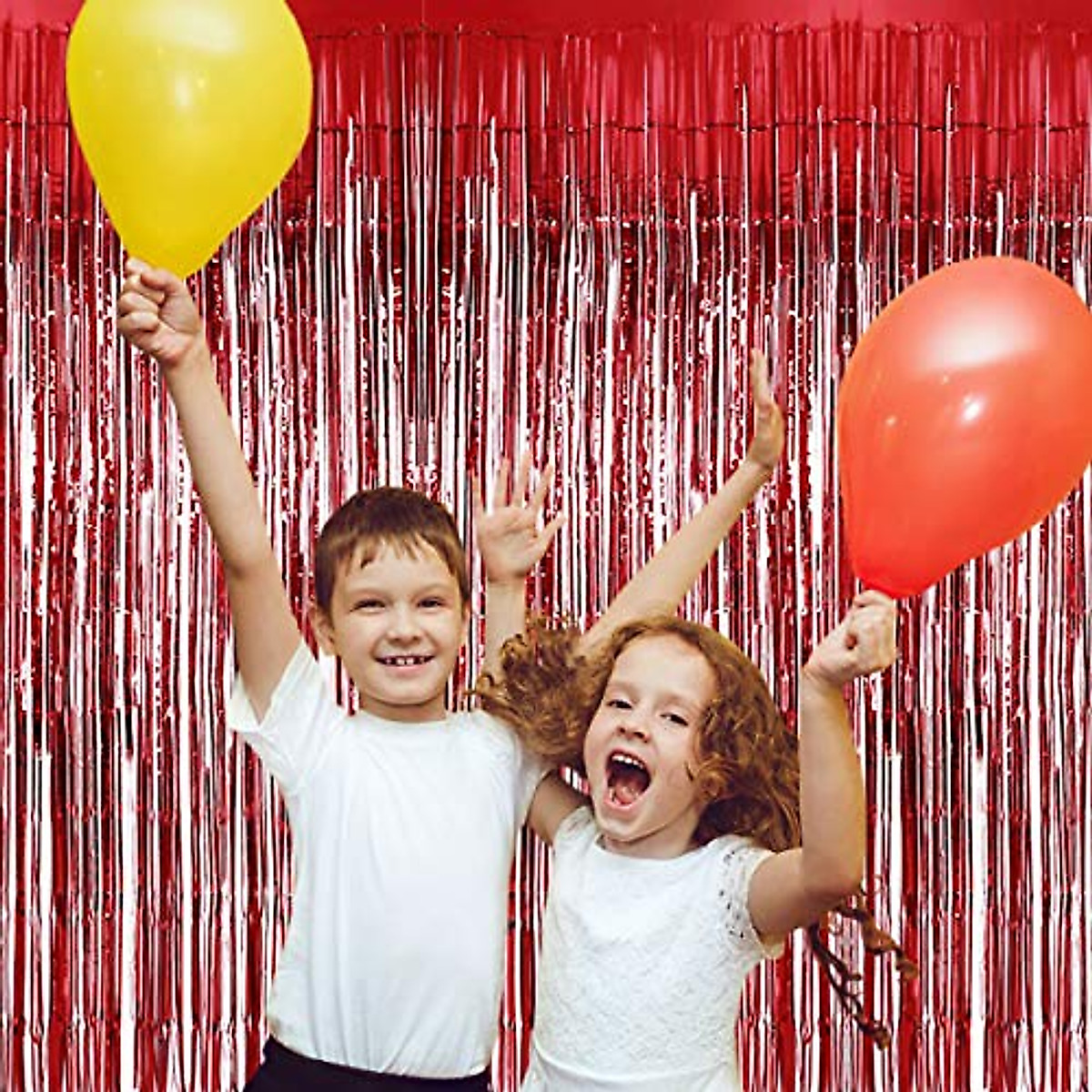BTSD-home Red Foil Fringe Curtain, Metallic Photo Booth Backdrop Tinsel Door Curtains for Wedding Birthday Bridal Shower Baby Shower Bachelorette Christmas Party Decorations(4 Pack, 8ft x 3ft)