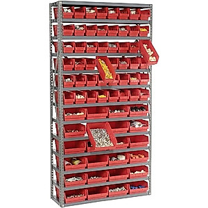 Global Industrial 13 Shelf Steel Shelving with (72) 4" H Plastic Shelf Bins, Red, 36x12x72