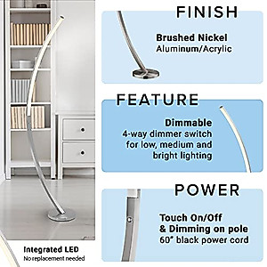 Catalina Lighting Mid-Century Modern Dimmable 4-Way Touch Arc LED Floor Lamp, 69.25", Silver