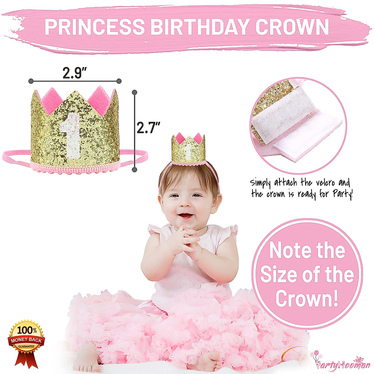 Baby Girl First Birthday Decorations - 1st Birthday Girl Decoration Pink Gold Party Supplies - Happy First Birthday Banner, Number 1 Balloon and Crown, Balloon Arch, High Chair Banner, ONE Cake Topper