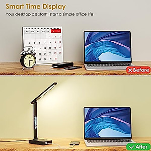 LED Foldable Desk Lamp with 2 USB Charging Port & 2 AC Power Outlets, 5 Color& 5 Brightness.Touch Control Dimmable Office/Home Timer Table Lamps with Clock, Alarm, Date, Temperature, Night light.
