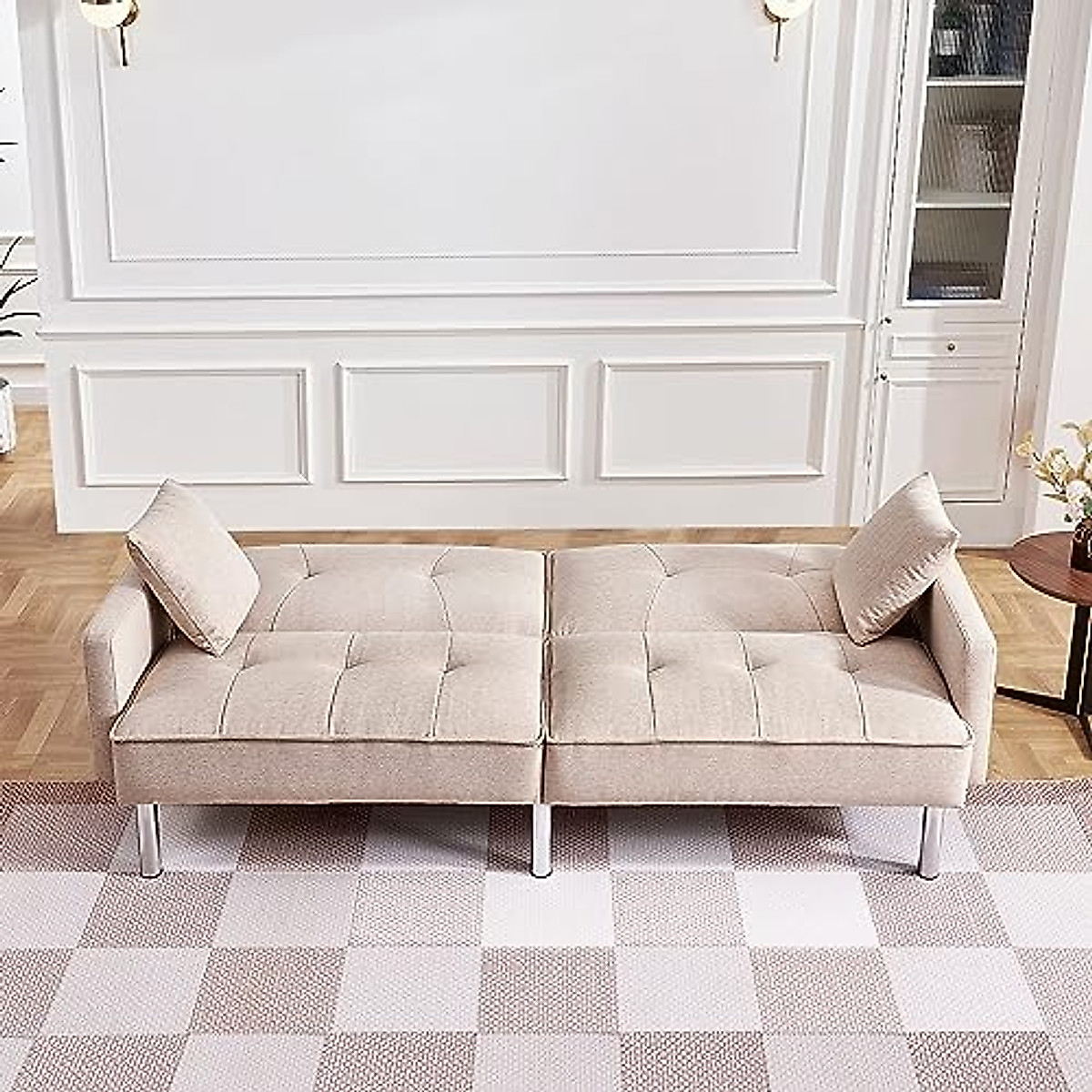 HomePop Upholstered Futon Bed with Chrome Legs, Modern Sofa Couches for Living Room, Small Spaces, Dorm, Apartment Sofabed, Standard, Beige