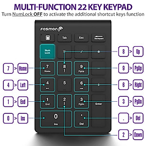 Fosmon 22 Key Numeric Keypad, Wireless USB Adapter 2.4GHz Numpad, Ten Keys Shortcut Function & Hotkey, Up to 33FT Device Distance, Compatible with USB Port Laptop, PC, Desktop, Surface Pro, Notebook