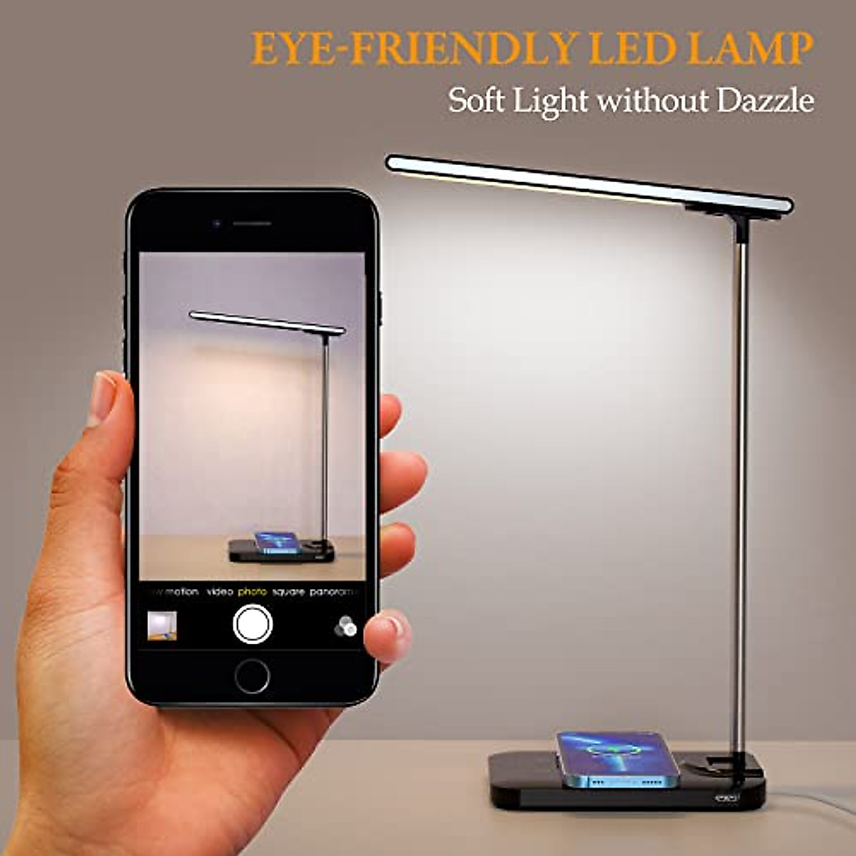 Becament LED Desk Lamp with Wireless Charger, USB Charging Port, 5 Color Modes with 5 Brightness Levels, Dimmable Home Office Lamp, Touch Control, 30/60 Min Timer, Eye-Caring Reading Table Lamp, Black