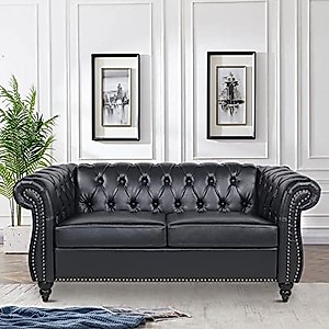 FOKWE Chesterfield Loveseat Leather, Modern Upholstered Tufted Couch 2 Seater with Rolled Arms and Nailhead for Living Room, Bedroom (Black)