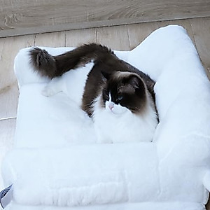 FORMYCATIE Pet Couch Bed, Washable Cat Beds for Medium Small Dogs & Cats up to 25 lbs, Soft Calming Cat Sofa Beds for Indoor Cats Anti-Slip Bottom，Fluffy Cat Couch (White)