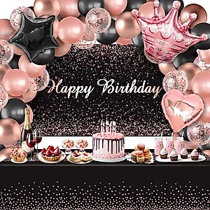 Black and Rose Gold Party Decorations, Rose Gold and Black Balloon Garland Kit with Birthday Backdrop Tablecloth for Women Girls Rose Gold Black Birthday Party Decorations Supplies
